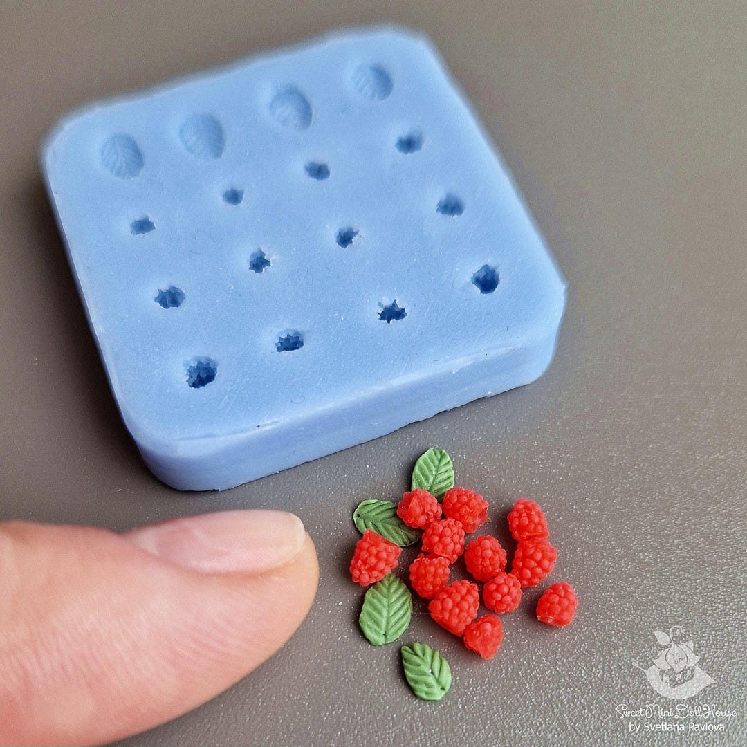 Silicone Mold for Polymer Clay. Miniature Raspberry and Leaves 1:12 ...