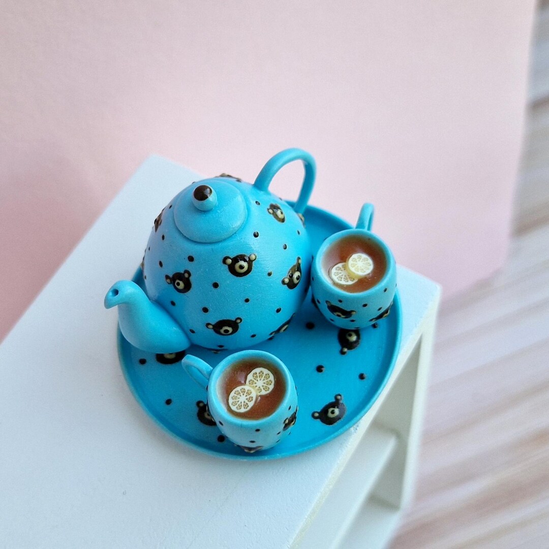 Miniature Tea Set on a Tray With Bear Pattern. Handmade, Polymer Clay ...