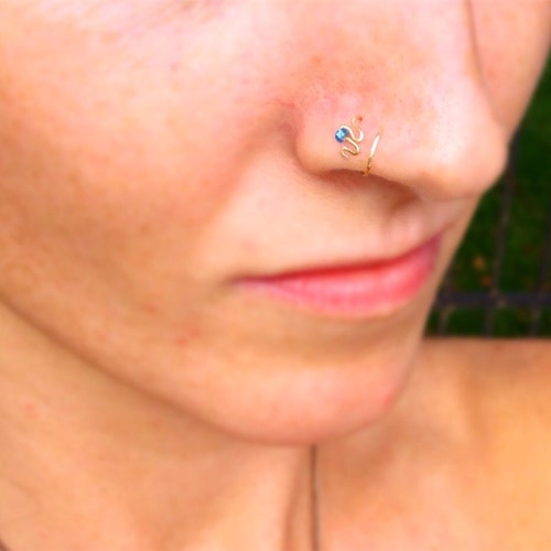 The Sammy Double Loop Nose Ring With Teal Bead in Silver Gold - Etsy