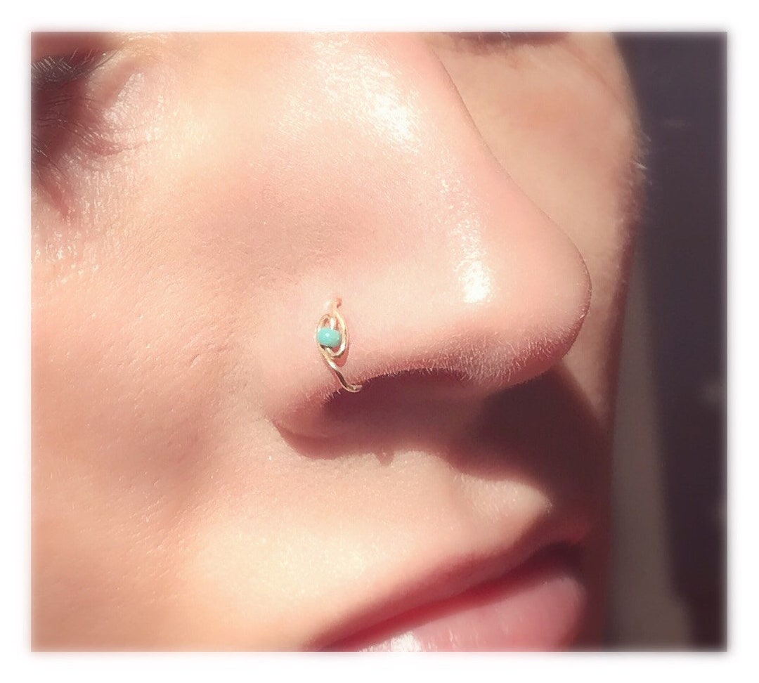 Thin Nose Hoop With Teal Bead in Silver, Gold or Rose Gold, Reversible ...