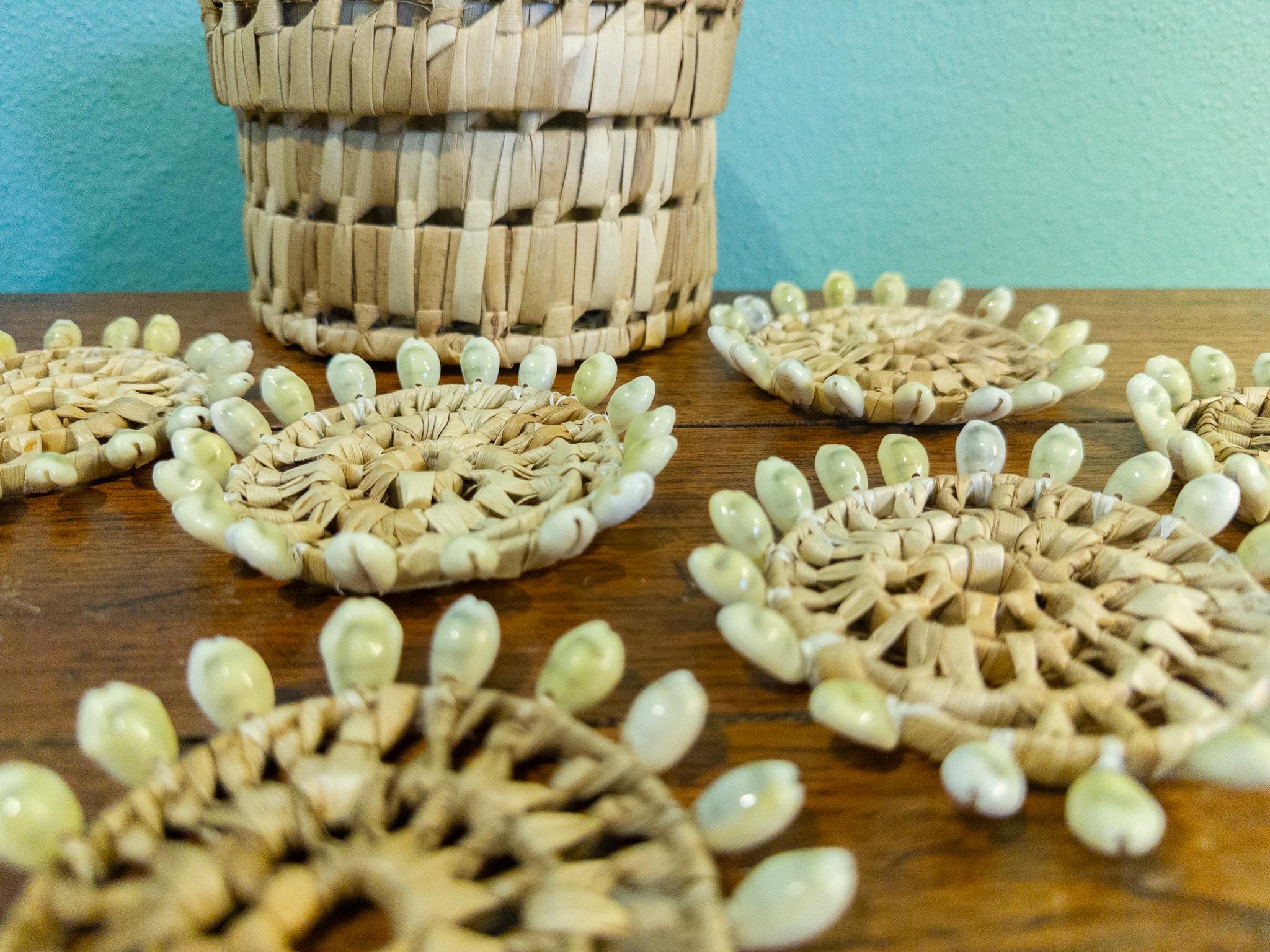 Vintage Raffia & Seashell Woven Round Coaster Set With Cowrie Shell ...