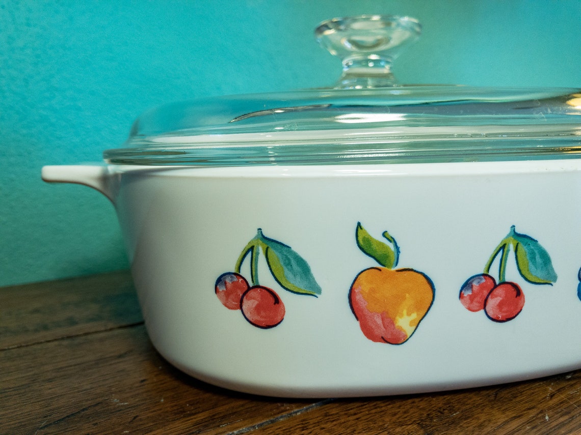 Vintage Corningware Fruit Basket Square 2 Qt. Casserole Dish With Clear Glass Lid, Ceramic Dish ...