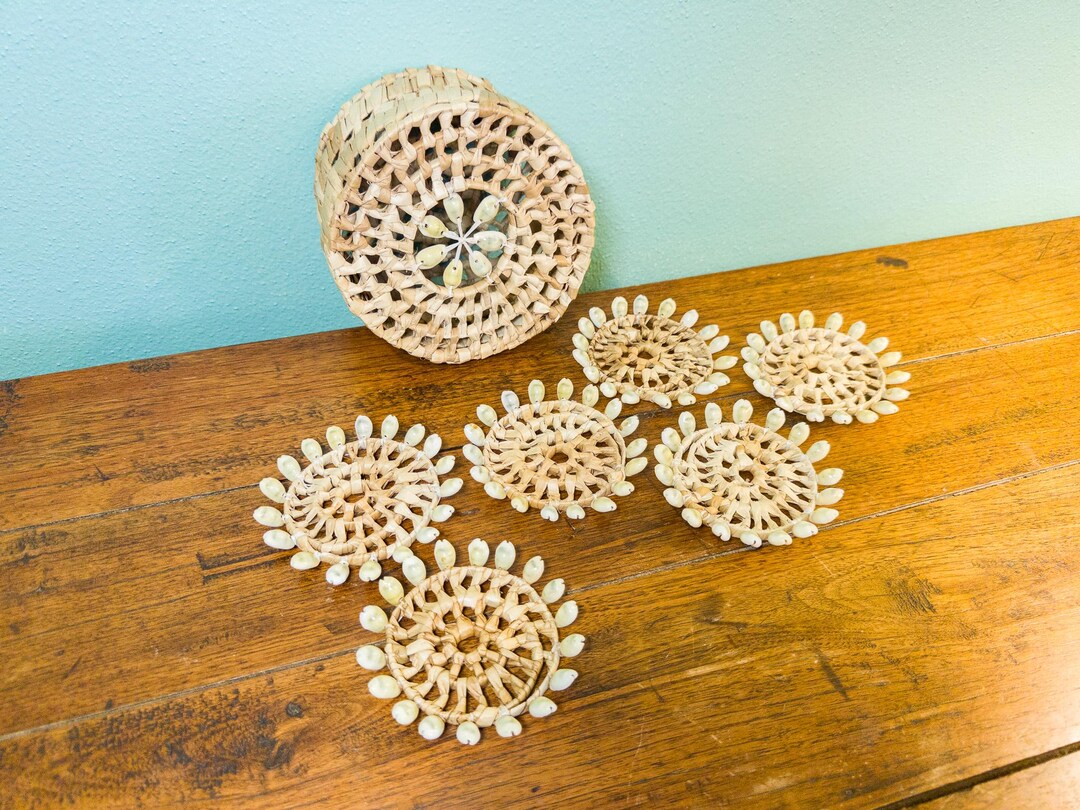 Vintage Raffia & Seashell Woven Round Coaster Set With Cowrie Shell ...