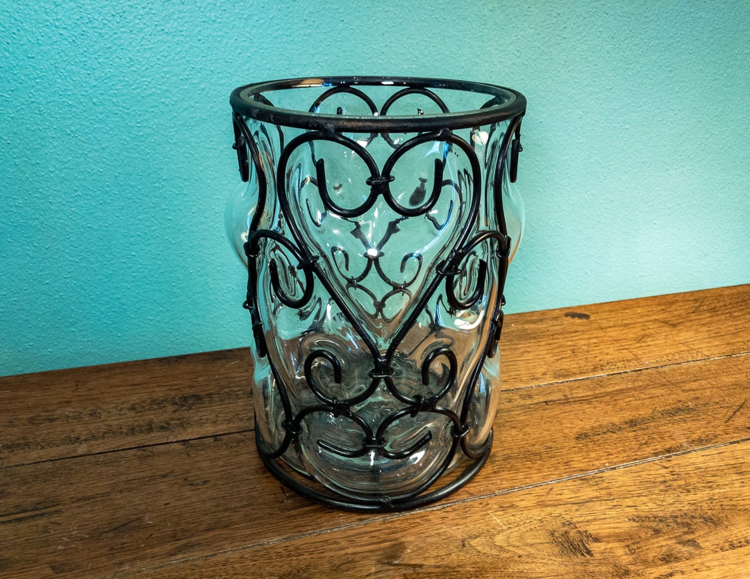 Vintage Hand Blown Caged Clear Glass Vase or Candle Holder With Metal ...