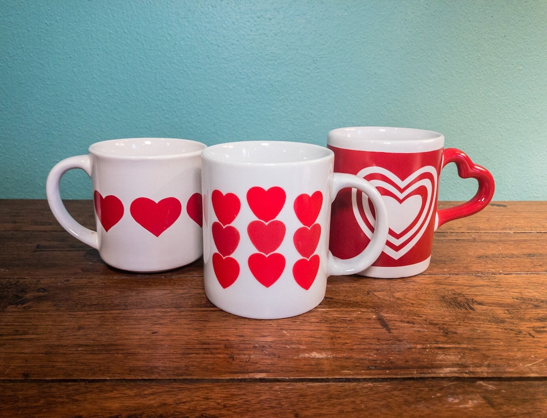 Vintage Red Heart Coffee Mugs, Mismatched Set of 3 Heart Themed Mugs ...