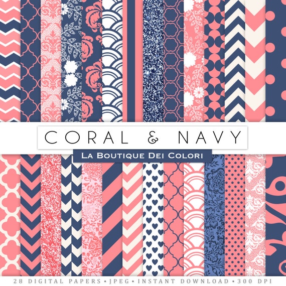 Coral and Navy Digital Paper. Digital peach and blue paper, wedding ...