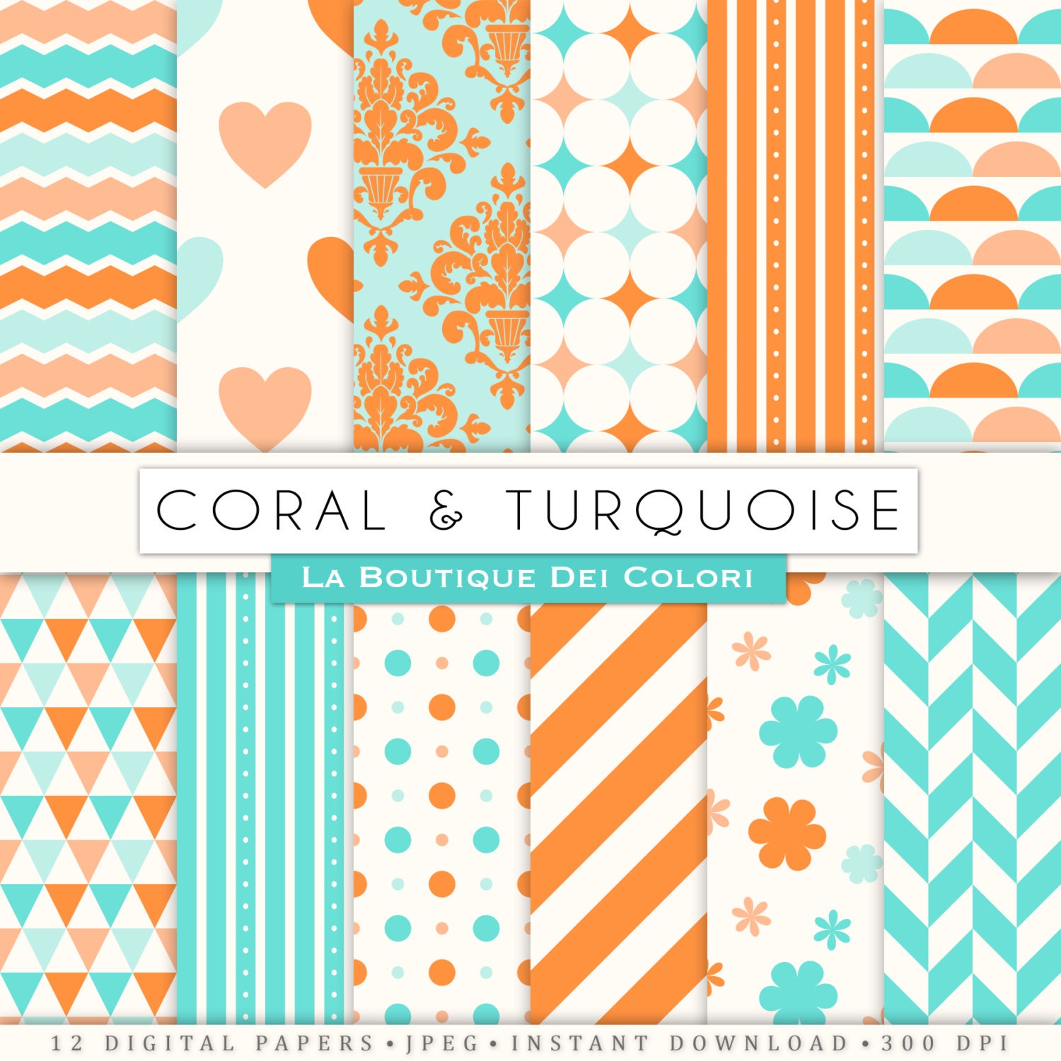 Coral turquoise Digital Paper Pack Digital Coral and turquoise | Etsy