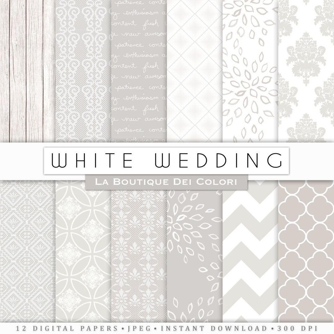 White Wedding Digital Paper, Bridal Patterns for Wedding Invite, Save ...
