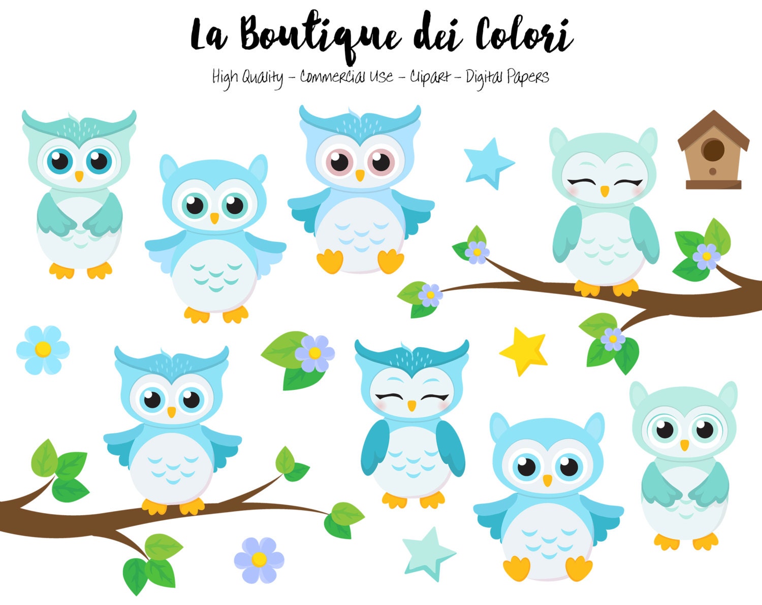 Blue Baby Owls Clipart Cute Digital Graphics PNG Birds - Etsy
