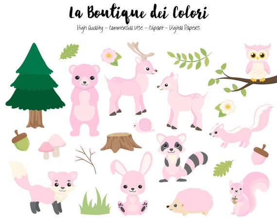 Pink Woodland Animals Clipart, Cute Digital Graphics PNG, Fox, bear ...