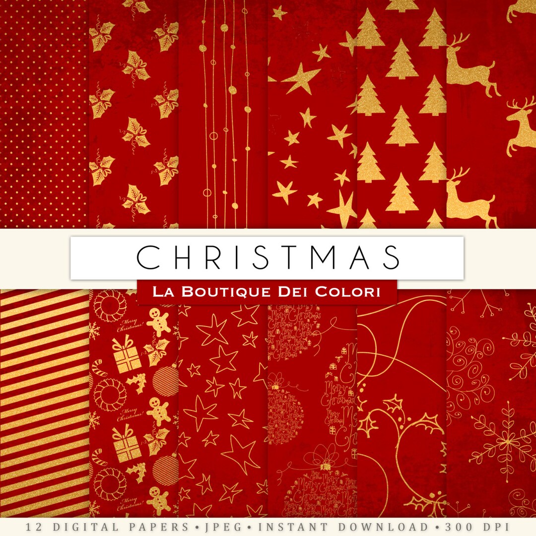 Red and Gold Christmas Digital Paper, Gold Background, Christmas Tree ...