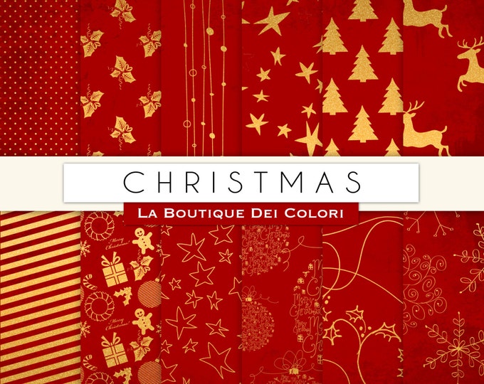 Red and Gold Christmas Digital Paper, Gold Background, Christmas Tree ...