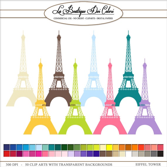 Clip Art Paris travel, Eiffel tower Digital illustrations in 50 rainbow ...