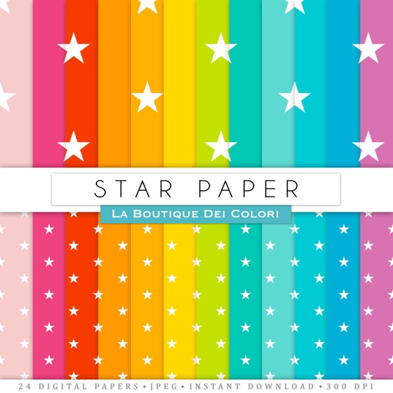 Stars digital paper, colorful rainbow stars scrapbooking pages with ...