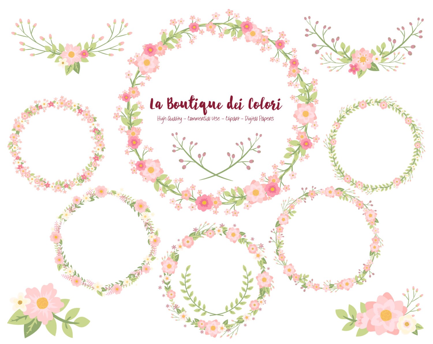 Clip Art & Image Files Papercraft Watercolor floral wreath Pink flowers ...