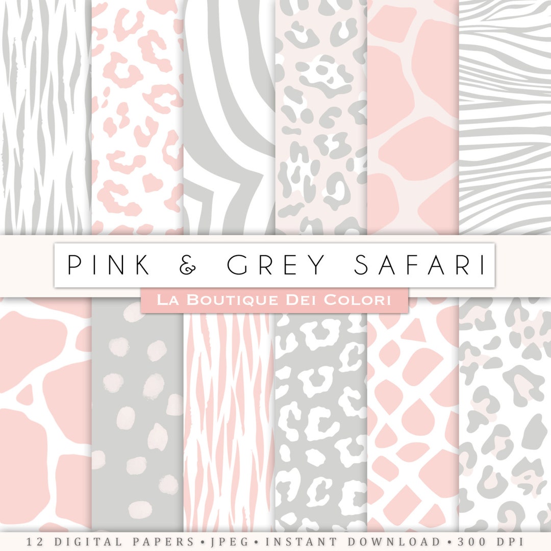 Pink and Gray Animal Prints Digital Paper. Safari Scrapbook. Tiger Skin ...