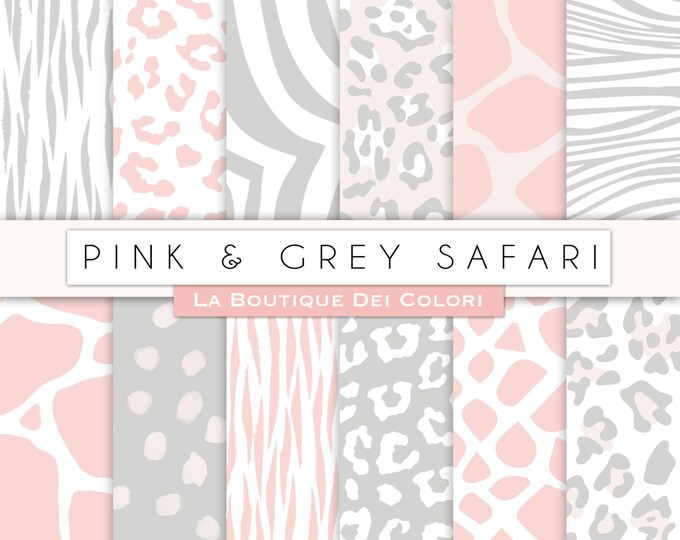 Pink and Gray Animal Prints Digital Paper. Safari Scrapbook. Tiger Skin ...