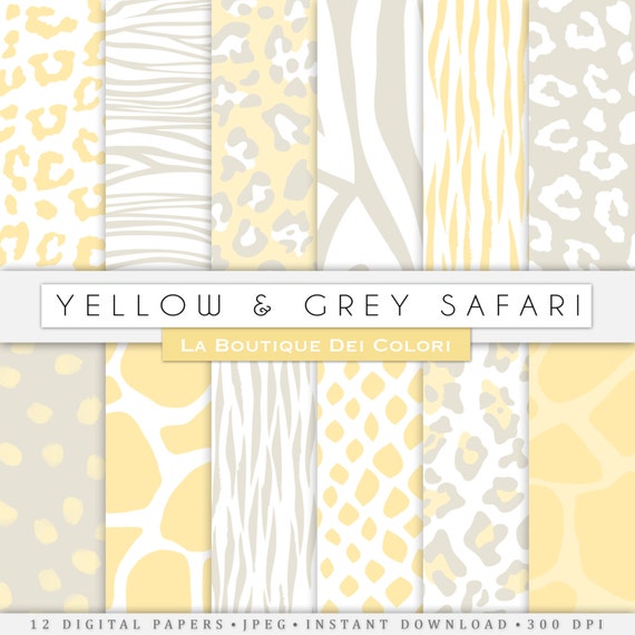 Yellow and Gray Animal prints digital paper. Safari Scrapbook. tiger ...