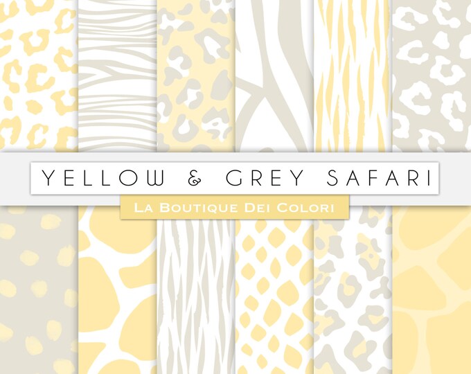 Yellow and Gray Animal Prints Digital Paper. Safari Scrapbook. Tiger ...