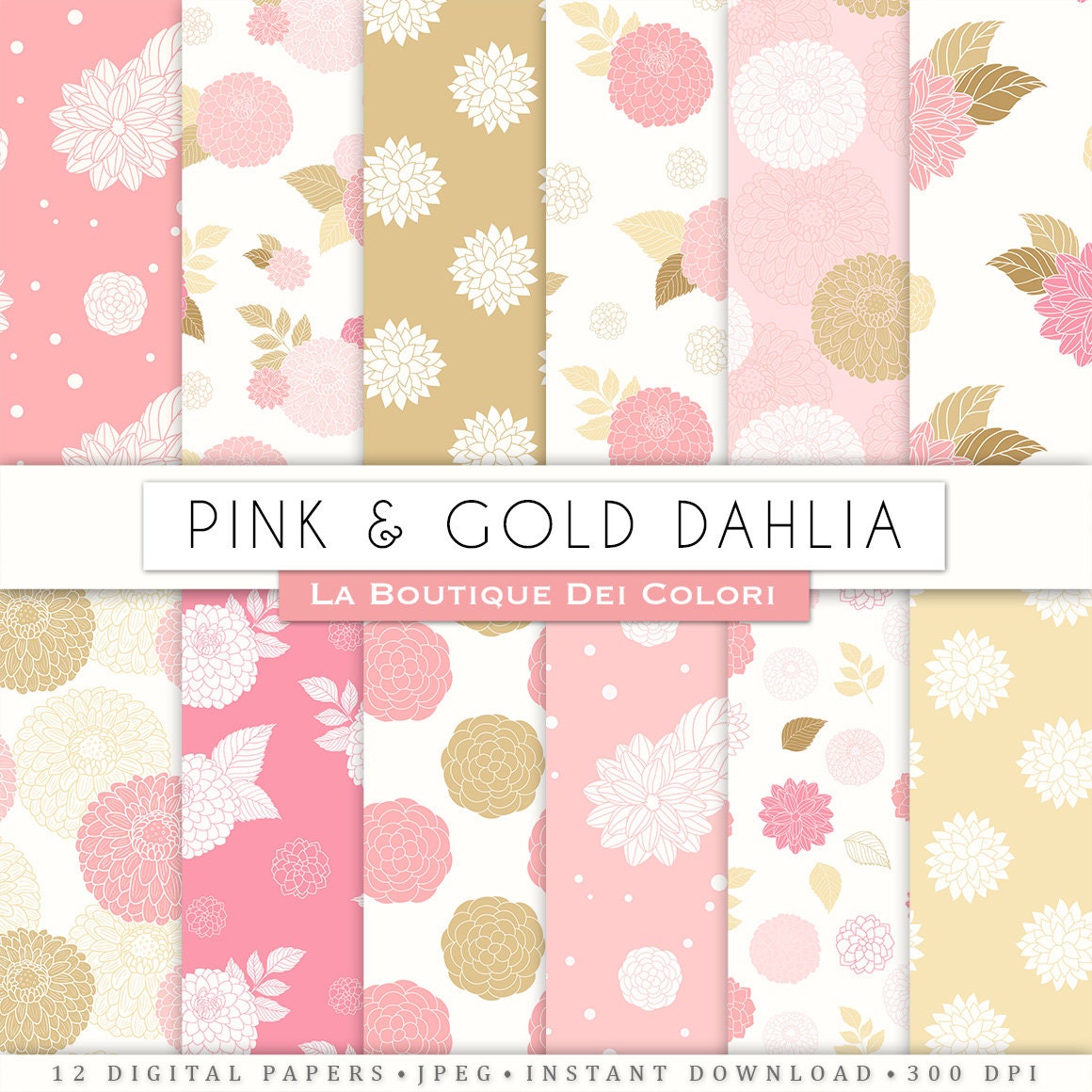 Pink and Gold Dahlias Digital Paper Peonies Flowers | Etsy