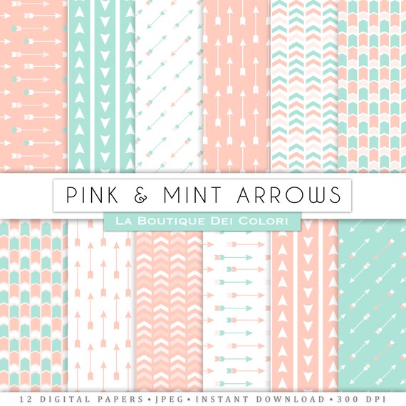 Pink and Mint Arrows digital paper Aztec Tribal patterns. Arrow ...