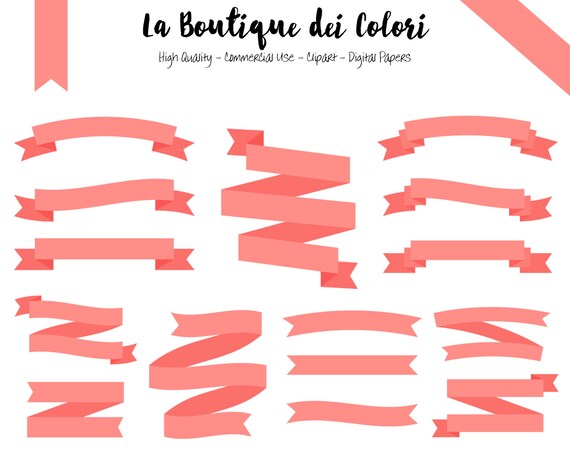 Coral ribbon banners cliparts Tags Digital Clip Art. Wedding Label ...