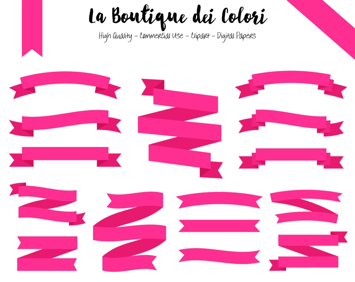 Hot Pink Ribbon Banners Cliparts Tags Digital Clip Art. | Etsy