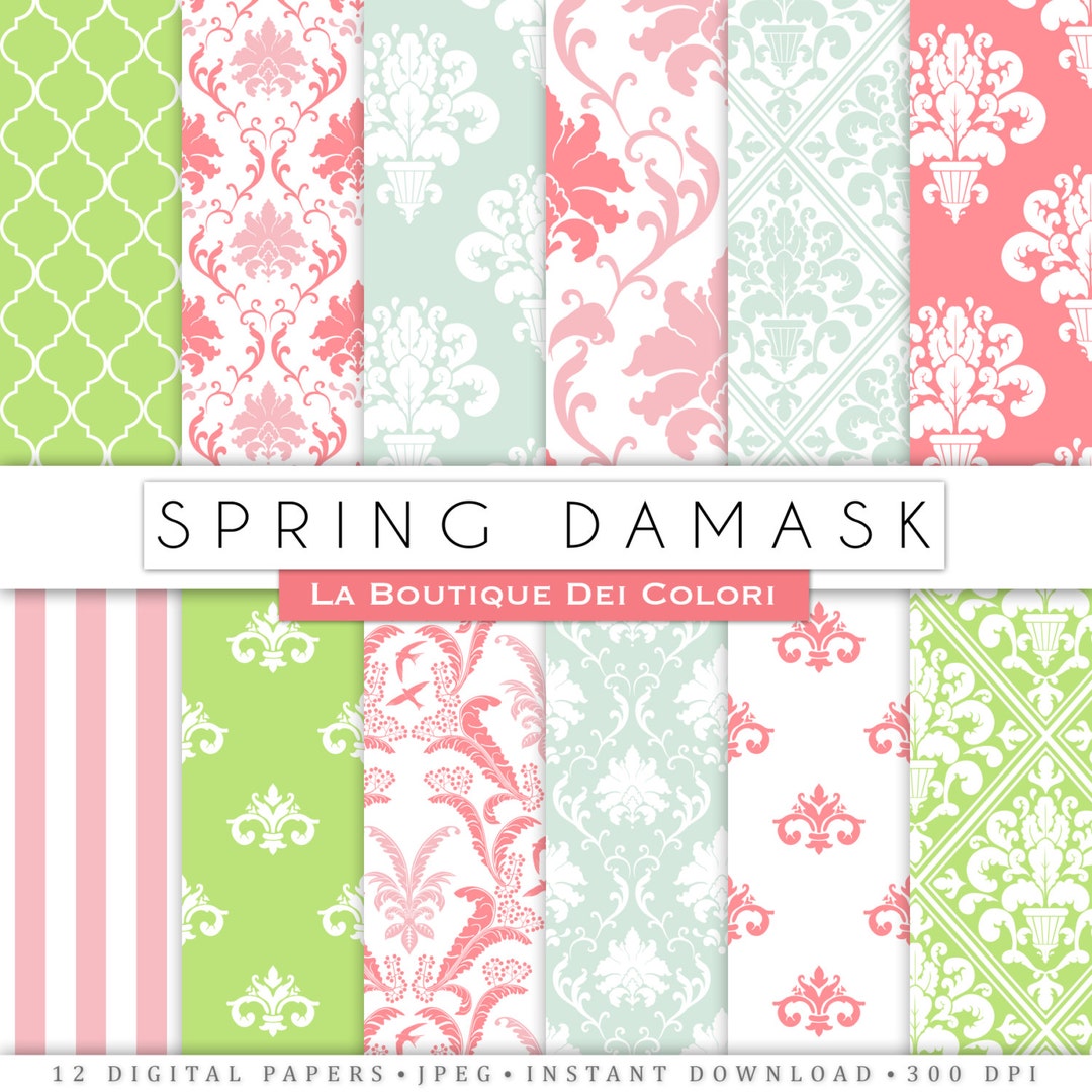 Spring Damask Digital Paper. Spring Digital Paper Pack Damask - Etsy