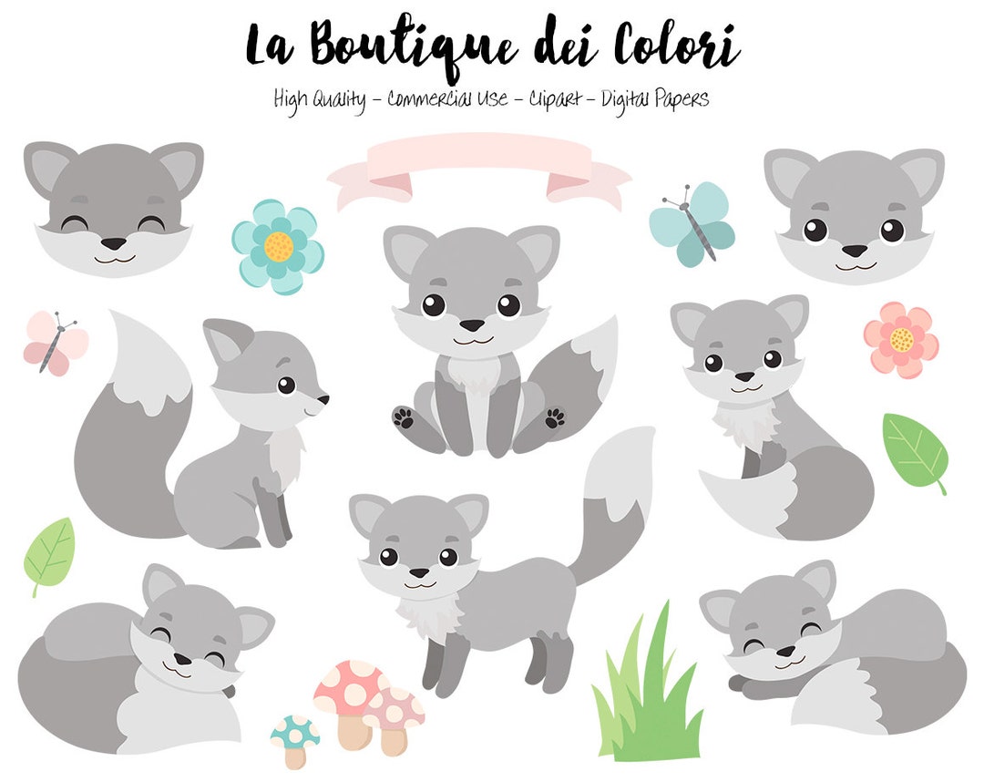 Gray Fox Clipart Cute Digital Graphics PNG Wolf Foxes - Etsy