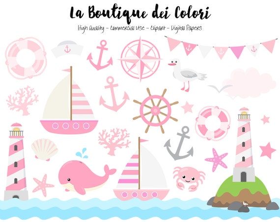 Girly Pink Nautical Clipart, Cute Vector Graphics, Sea, Sailing, Ocean ...