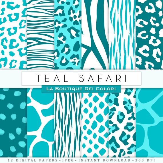 Teal Animal prints digital paper. Blue Safari Scrapbook. tiger skin ...