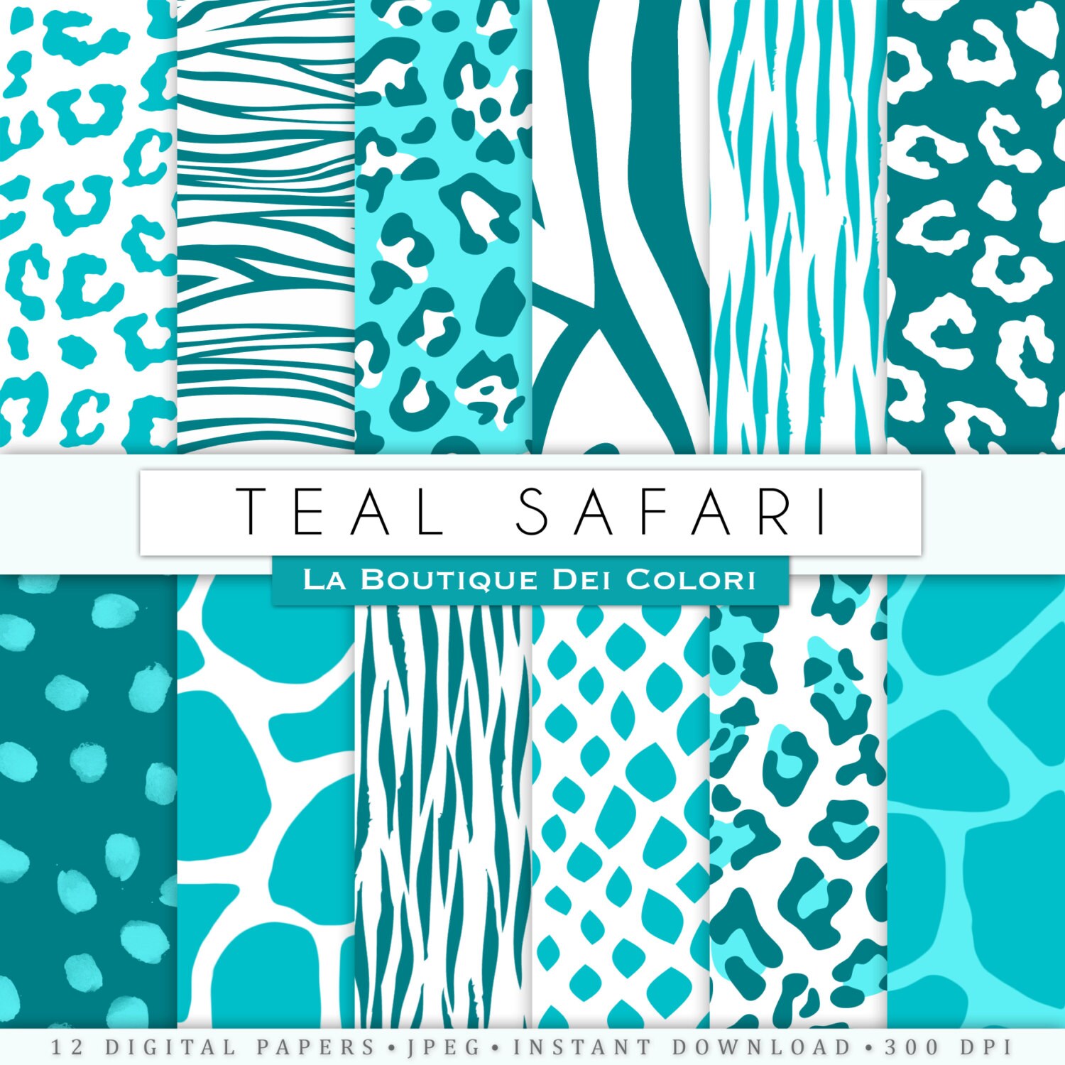 Teal Animal Prints Digital Paper. Blue Safari Scrapbook. Tiger | Etsy
