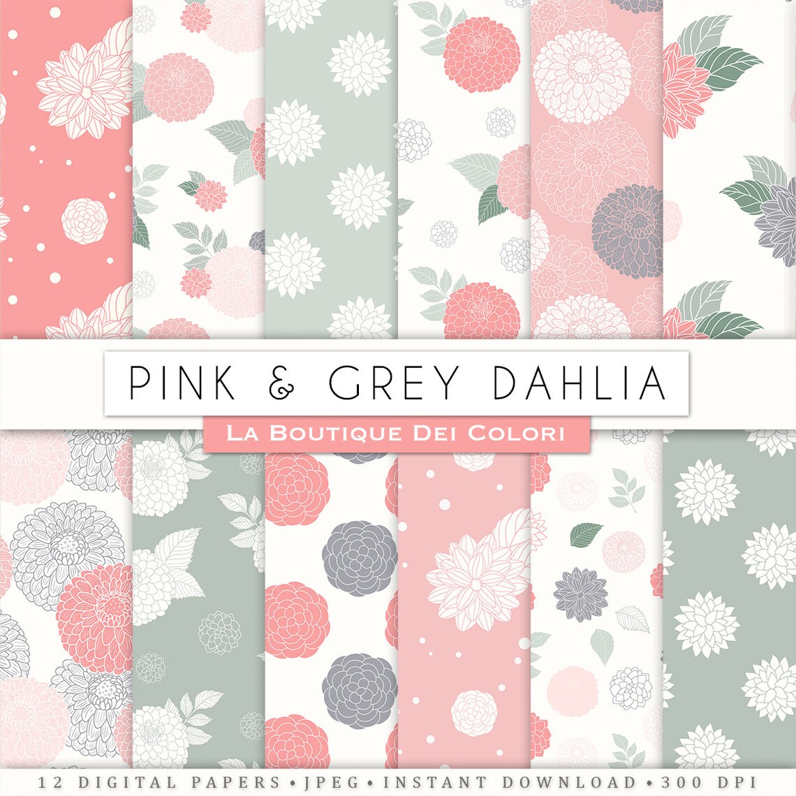 Pink and Gray Dahlias Digital Paper Peonies Flowers - Etsy