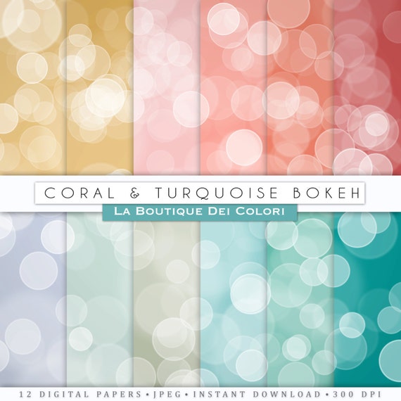 Coral and turquoise Bokeh digital paper. teal peach gold digital papers ...