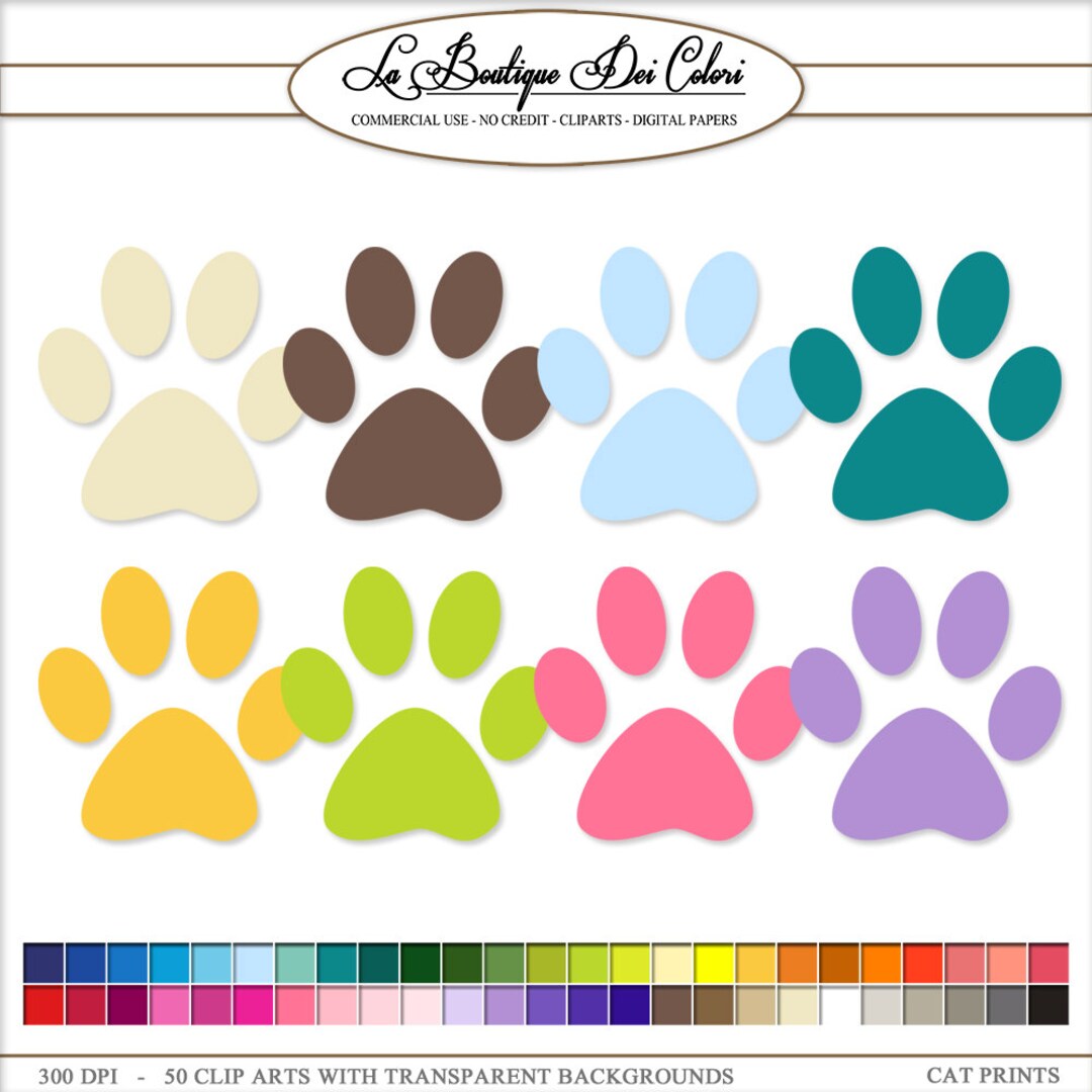 50 Rainbow Colors Paw Print Cliparts, Pet Clip Art. Dog / Cat Paws ...