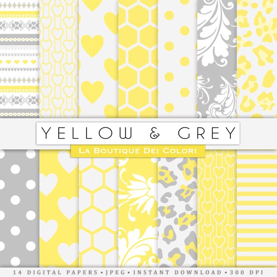 Yellow and gray digital paper. Nursery digital paper pack yellow grey ...