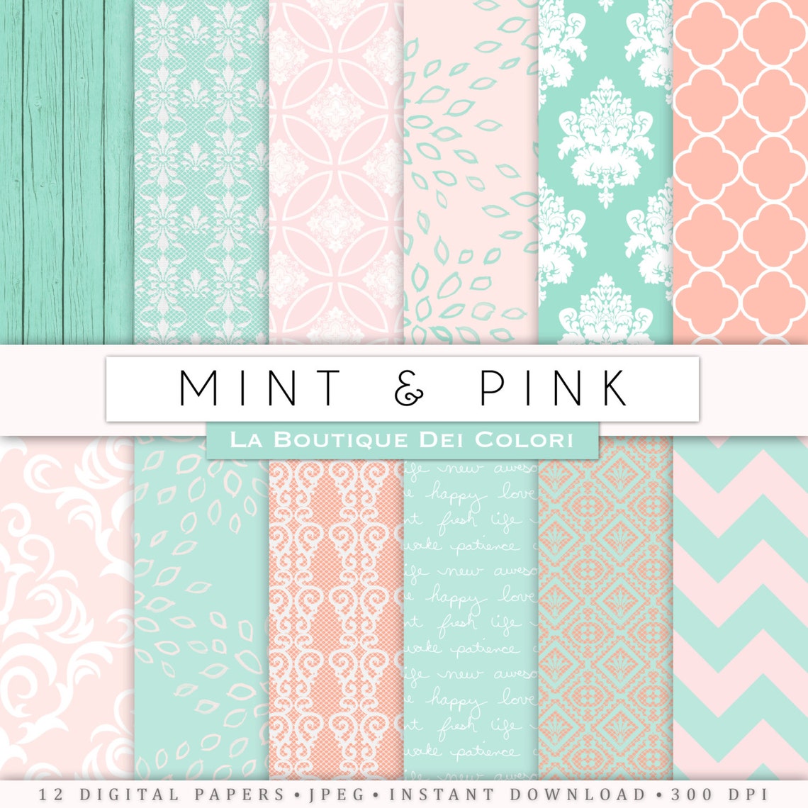 Pink and Mint Digital Paper Bridal Patterns for Wedding | Etsy