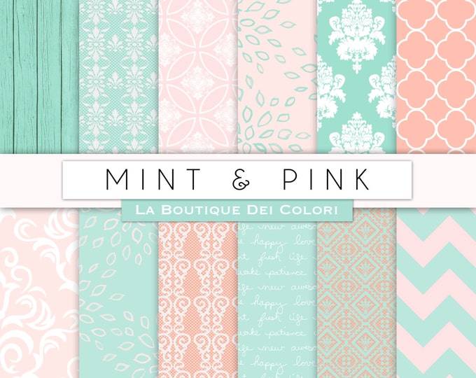 Pink and Mint Digital Paper, Bridal Patterns for Wedding Invite, Save ...