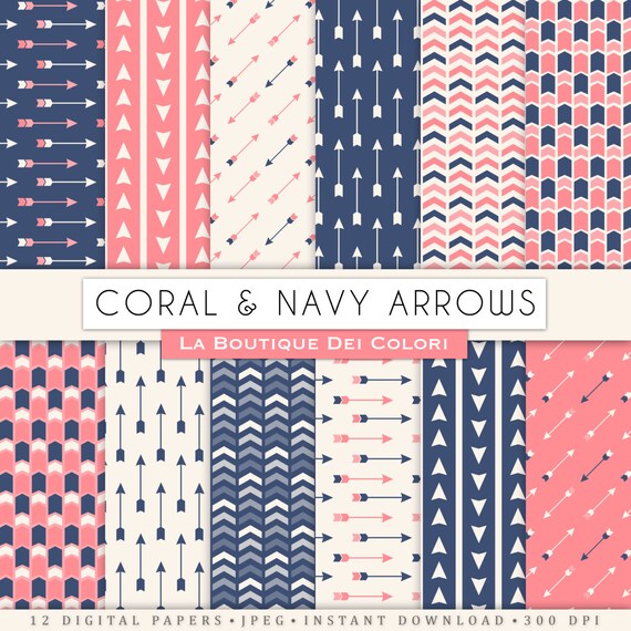Coral and Navy Arrows digital paper Aztec Tribal patterns. Arrow ...