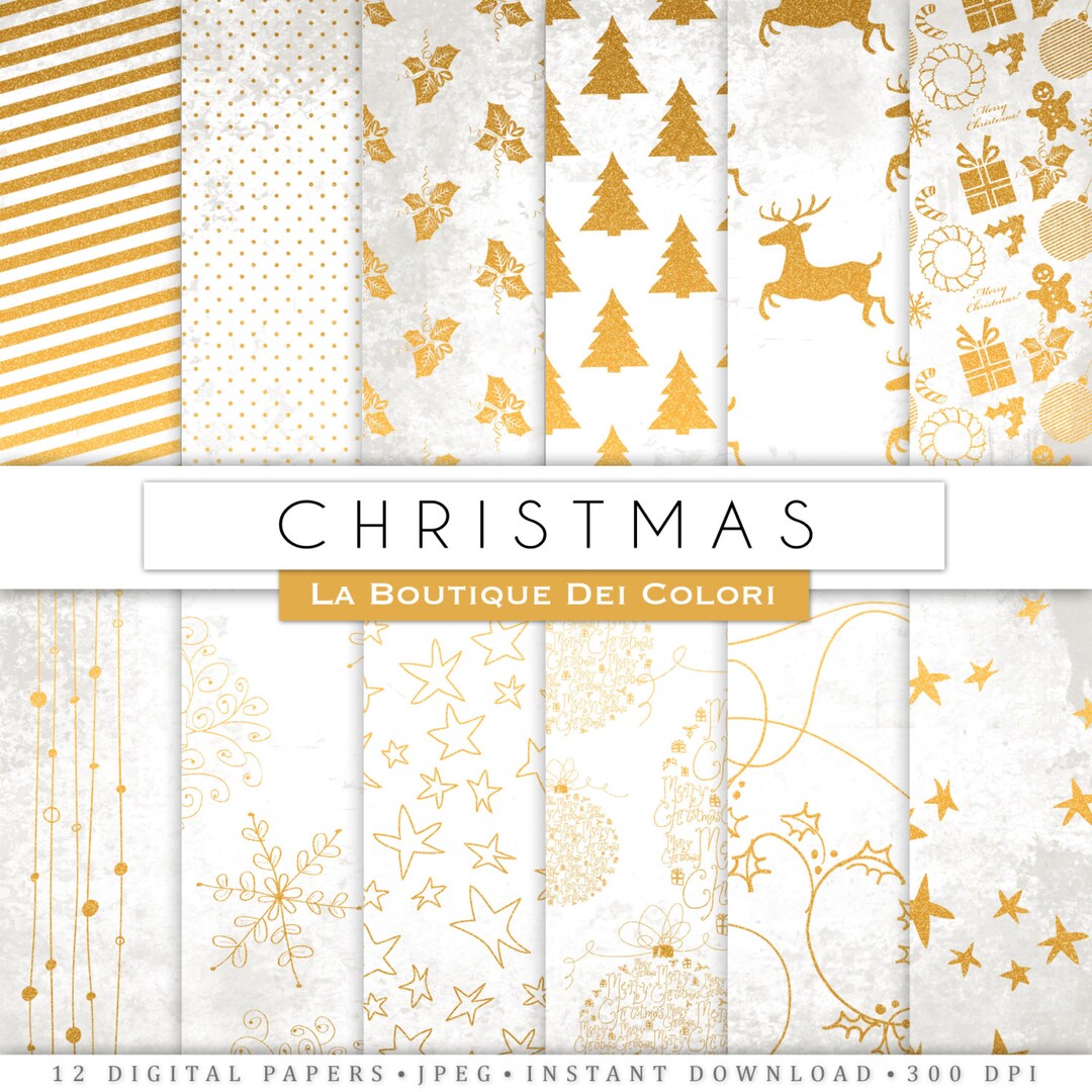White and Gold Christmas Digital Paper, Gold Background, Christmas Tree ...