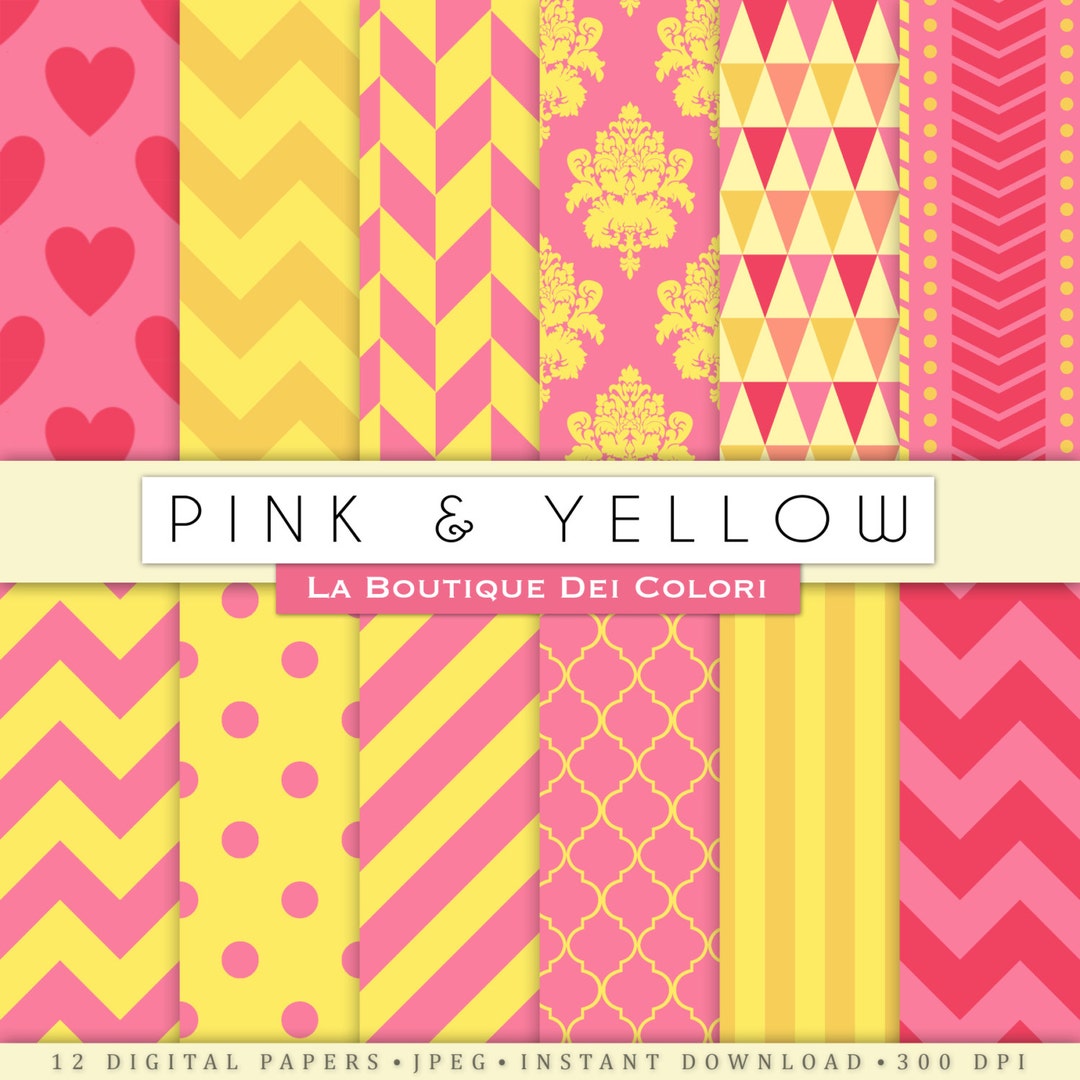 Pink and Yellow Digital Paper Stripes Polkadots Chevron - Etsy