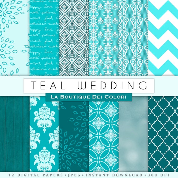 Teal Wedding digital paper, Blue patterns for wedding invite, save the ...