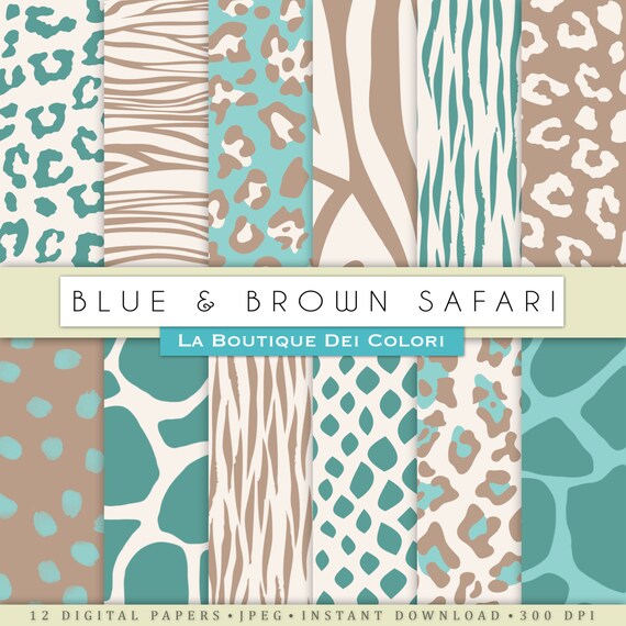Blue and Brown Animal prints digital paper. Safari Scrapbook. tiger ...