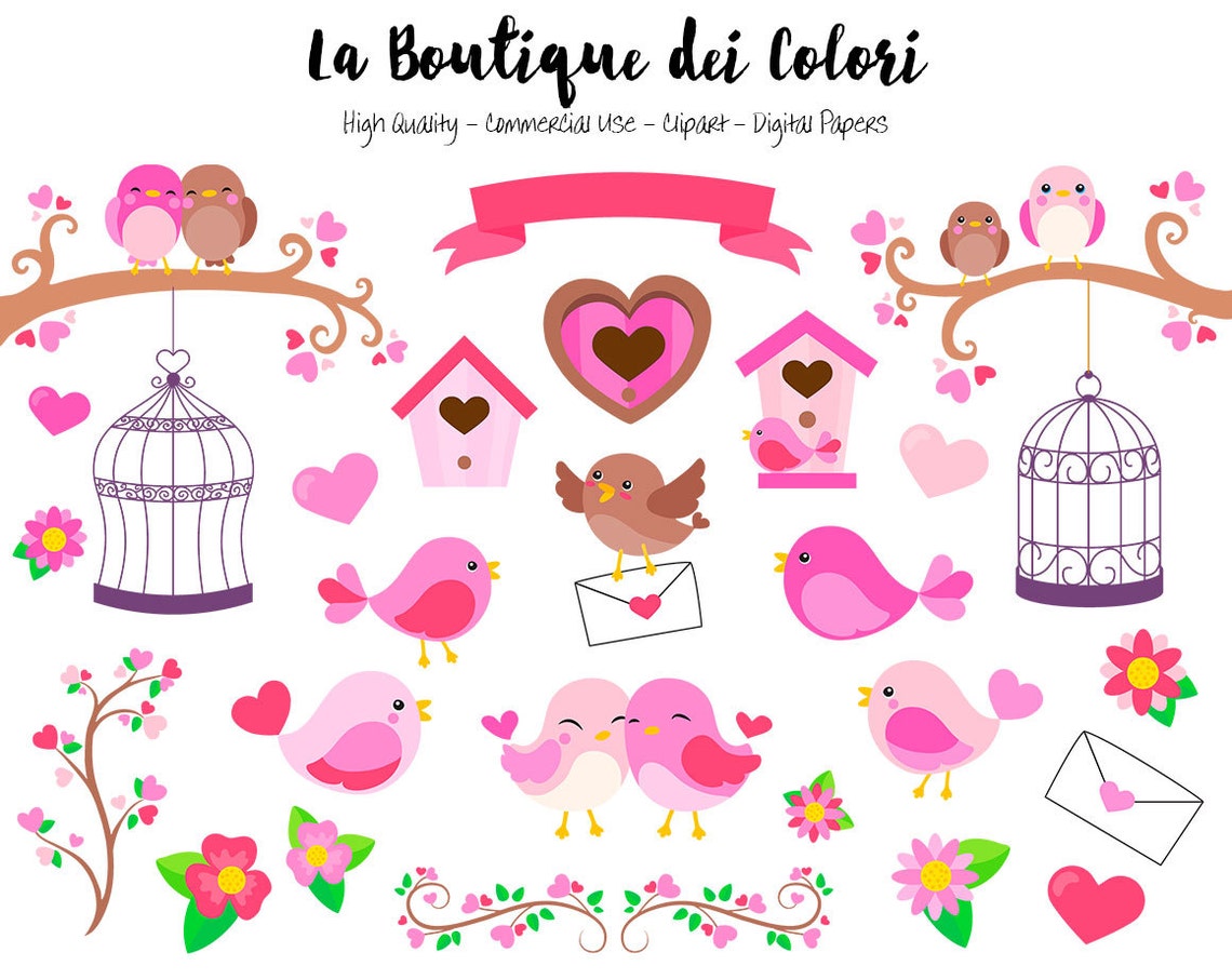 Pink Valentine's Day Birds Clipart Cute Digital Graphics - Etsy