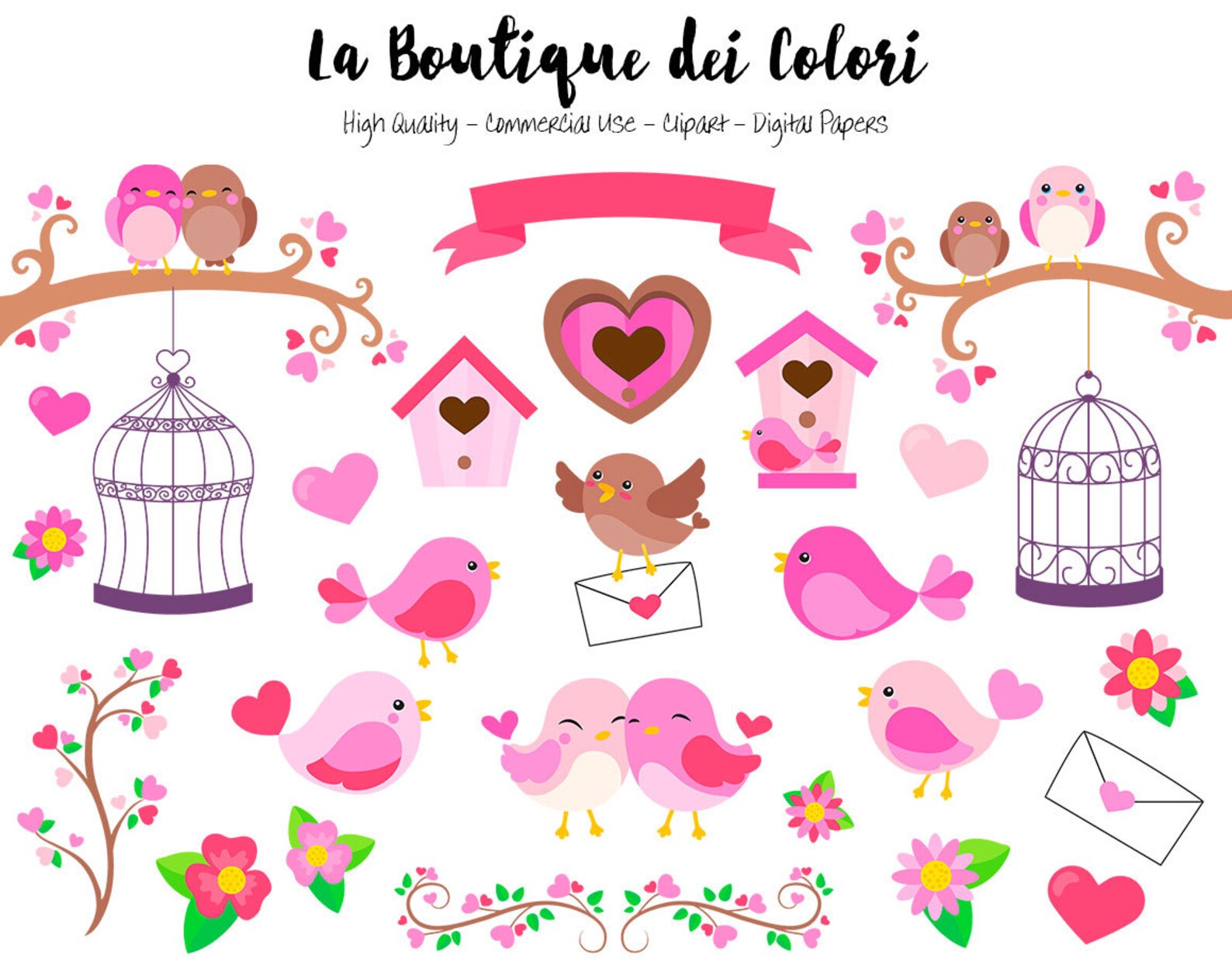 Pink Valentine's Day Birds Clipart Cute Digital Graphics - Etsy