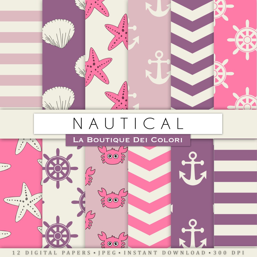 Pink and Purple Nautical Digital Paper. Sea Life Paper Pack Background ...