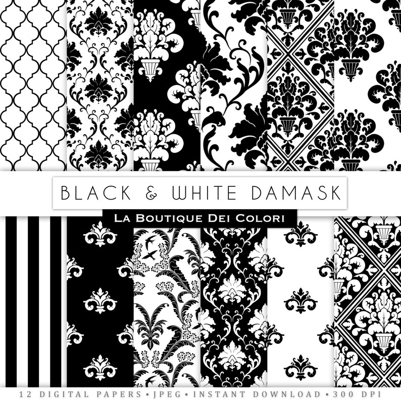 Black damask digital paper. black and white digital paper pack | Etsy