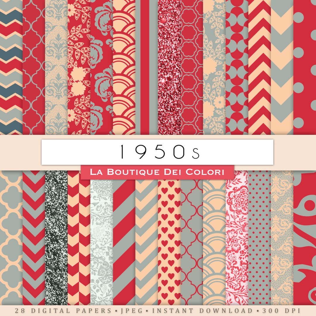 1950s Digital Paper. Digital Red and Blue Paper, Vintage Digital Paper ...
