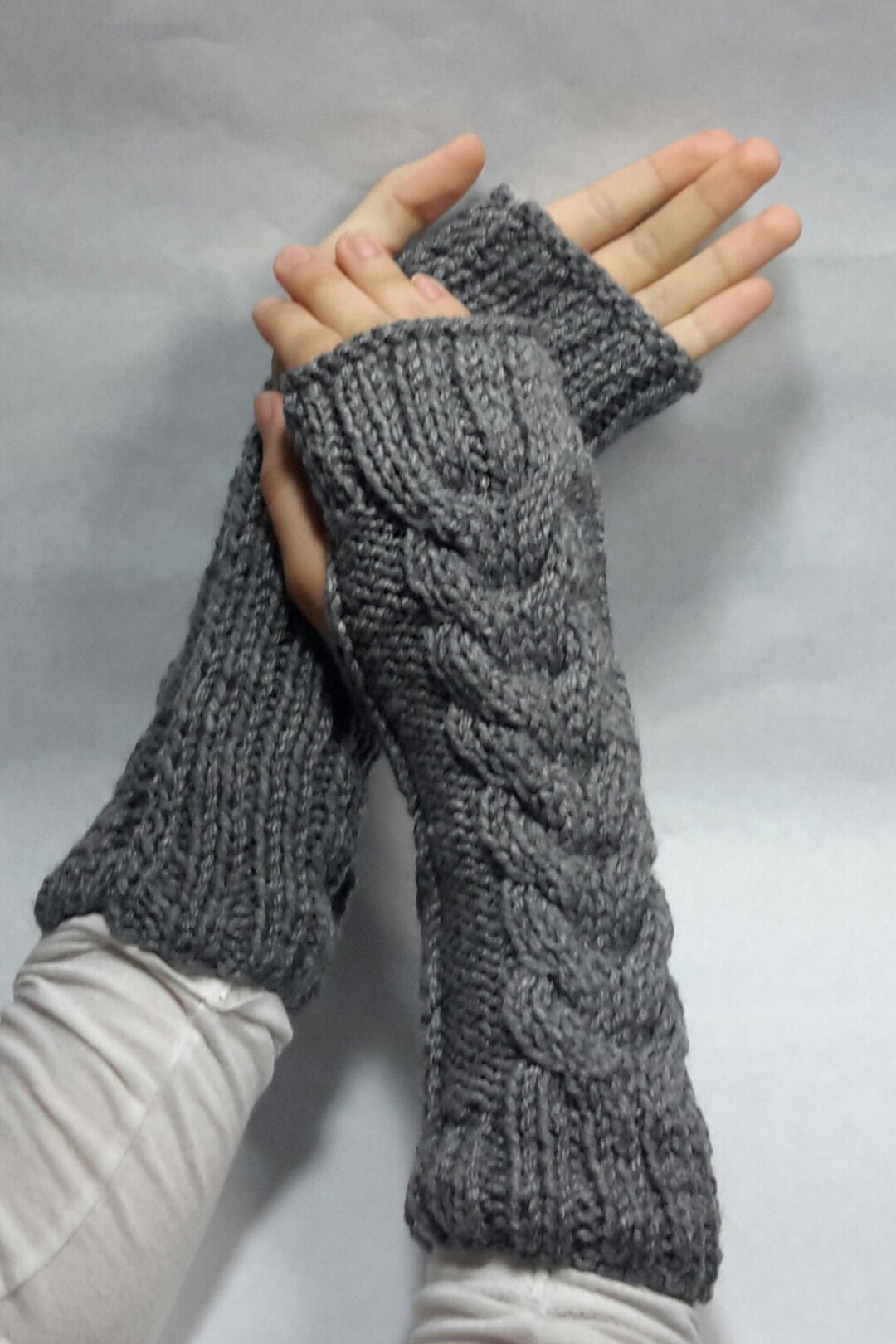 Handmade Cable-knit Long Fingerless Gloves - GRAY /BLACK/BURGUNDY - Etsy