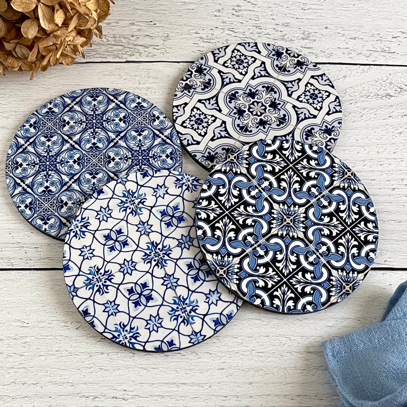 Blue Tile Print Drink Coasters Vintage Style Coasters Set - Etsy